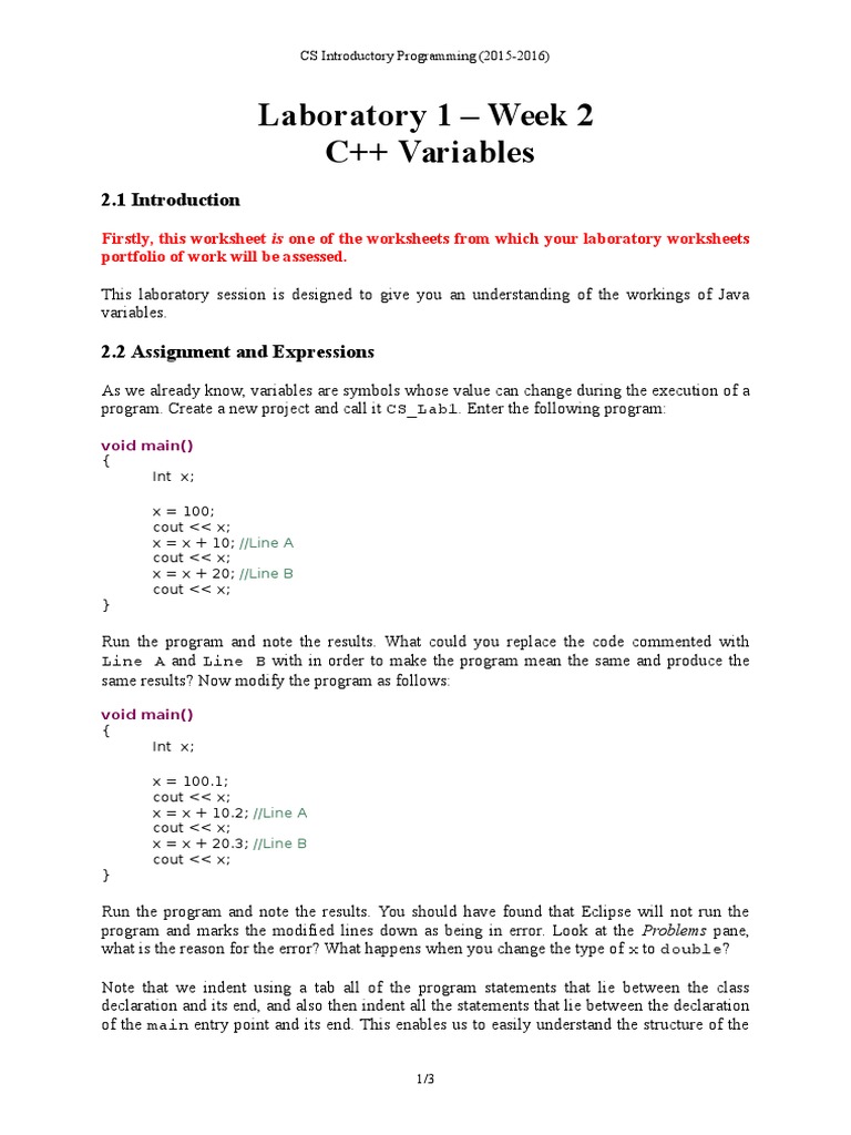 CS Worksheet 1 - Variables | PDF | Reserved Word | Variable (Computer Science)