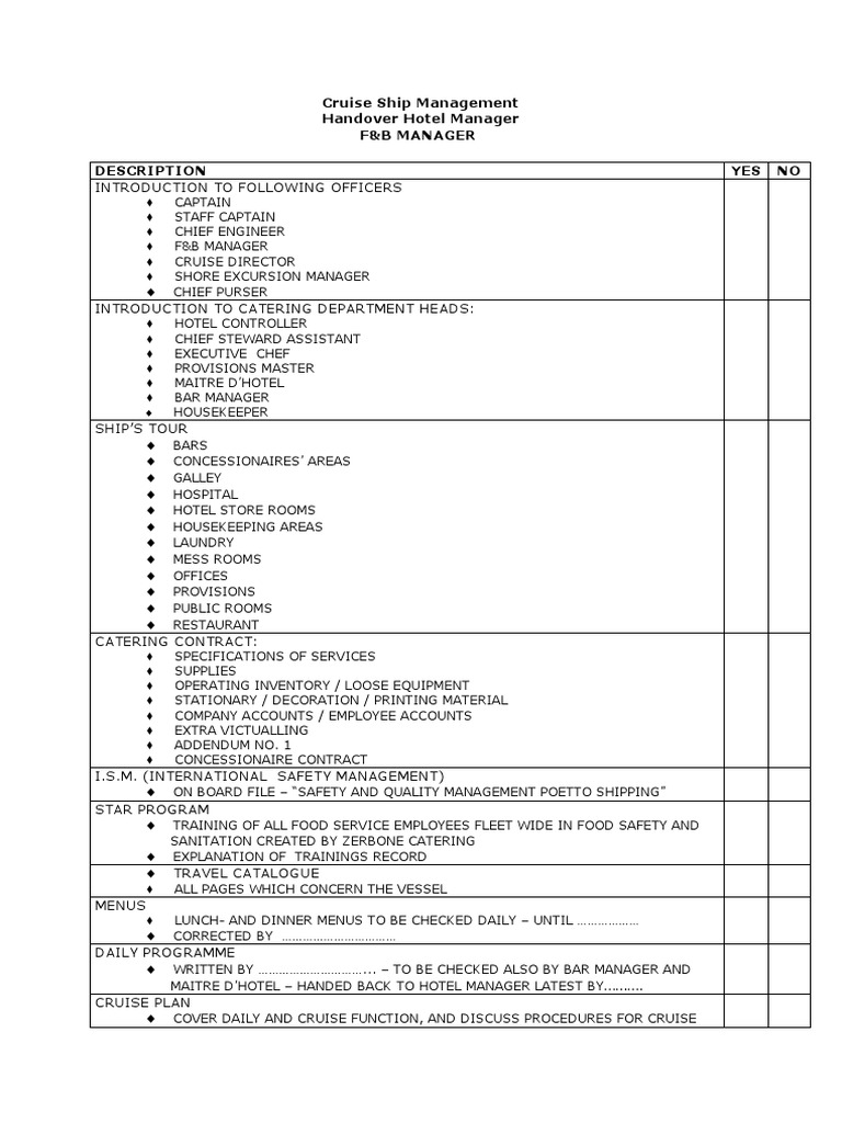 Cruise Ship Management - Handover | PDF | Meal | Restaurants
