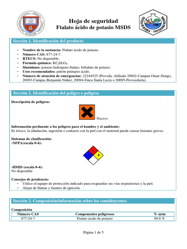 Hoja de seguridad Ftalato ácido de potasio