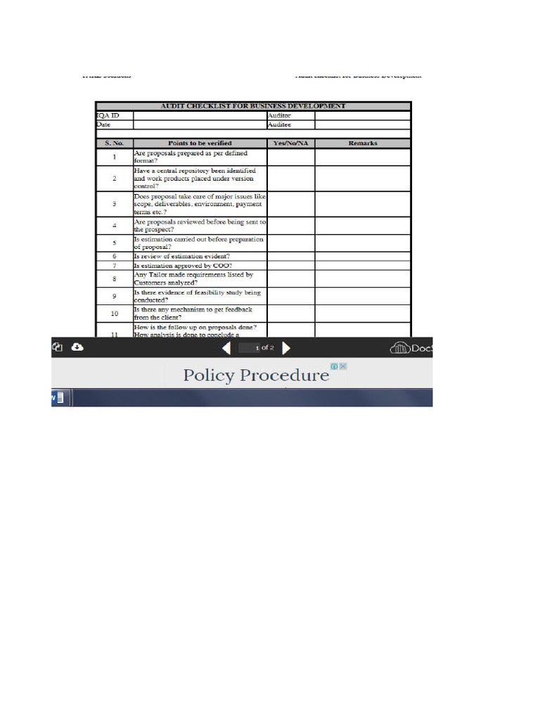 Business Development Audit Checklist | PDF | Business (General)