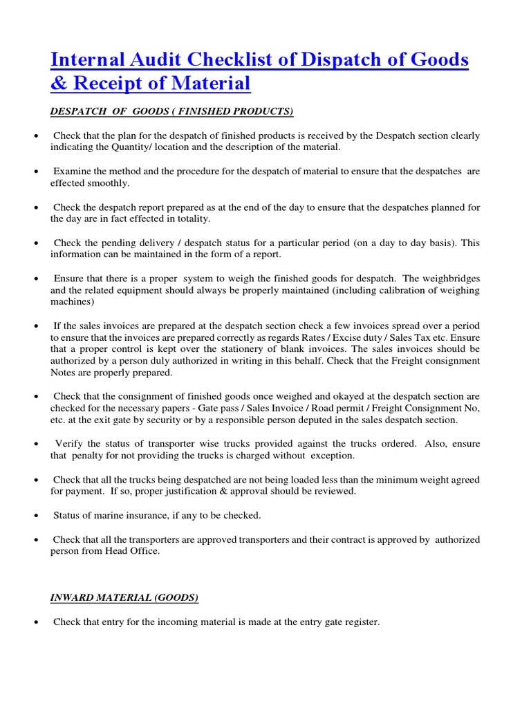 Audit Checklist for Dispatch, Receipt, and Quality Assurance | PDF ...