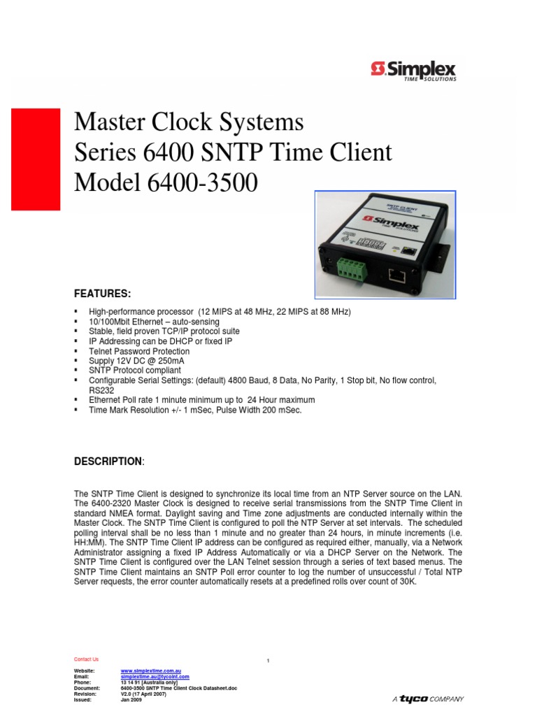 Master Clock Systems Series 6400 SNTP Time Client Model 6400-3500 Datasheet: High-Performance ...