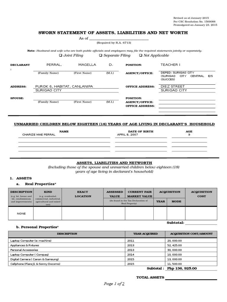 2015 Saln Form | Identity Document | Economies