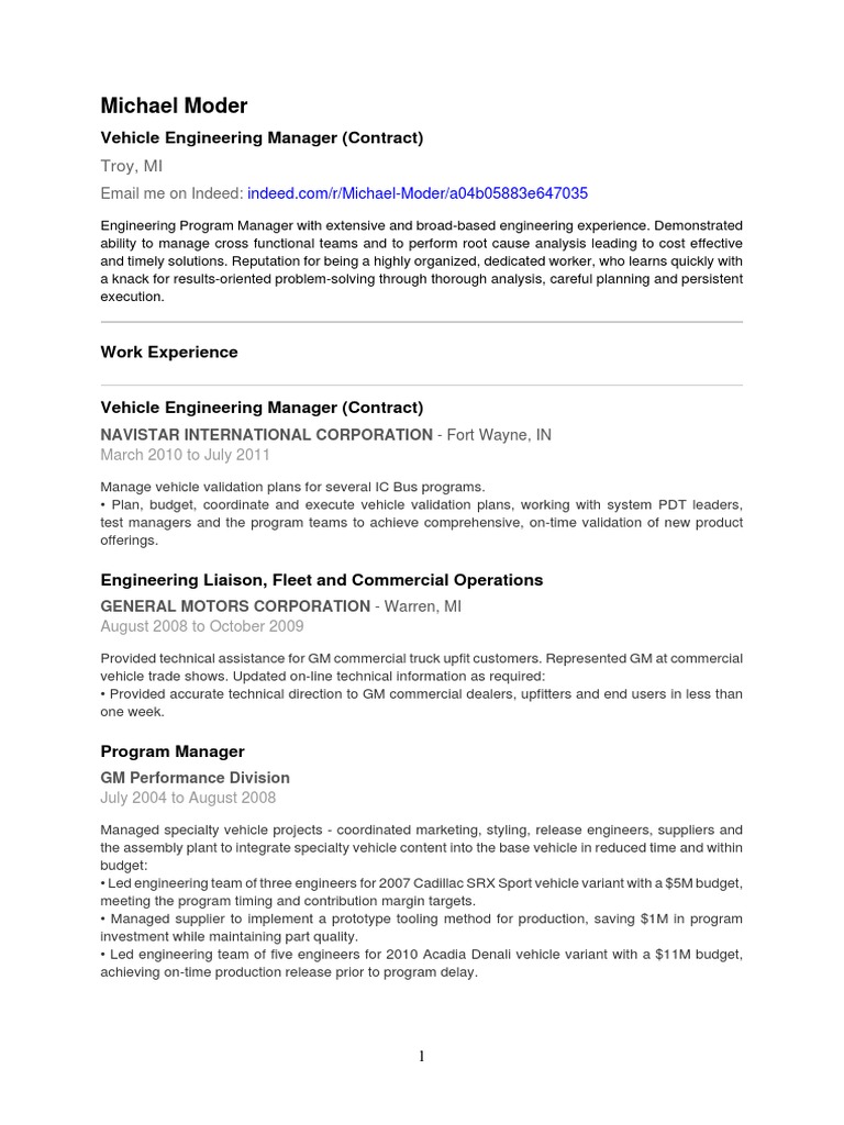 Sample Resume | General Motors | Vehicles