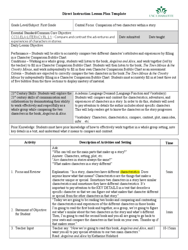 Direct Instruction Lesson Plan Template: Ccss - Ela-Literacy - Rl.1.9 ...