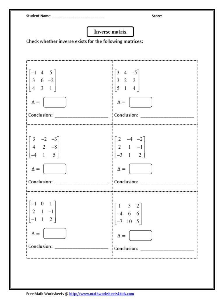 Matrix Inverse Evaluation Worksheet | PDF
