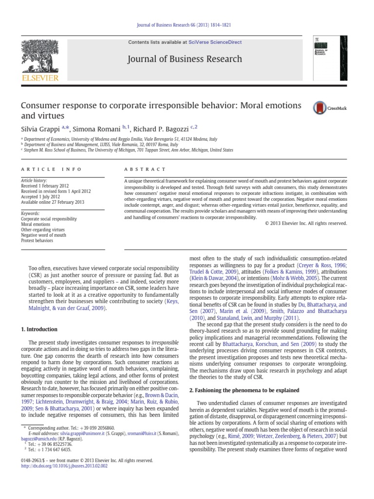 Consumer Response to Corporate Irresponsible Behavior - Moral Emotions ...