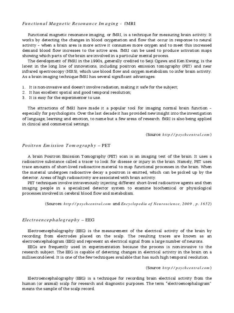 FMRI, MEG, PET, EEG - Descriptions of Procedures | PDF ...