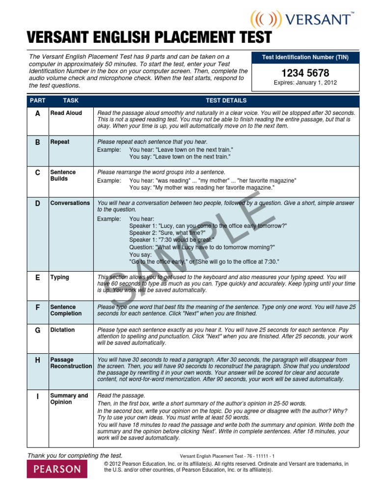 Versant English Placement Test Overview | PDF