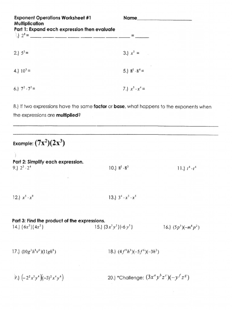 Exponent Operations Worksheet Scan | PDF