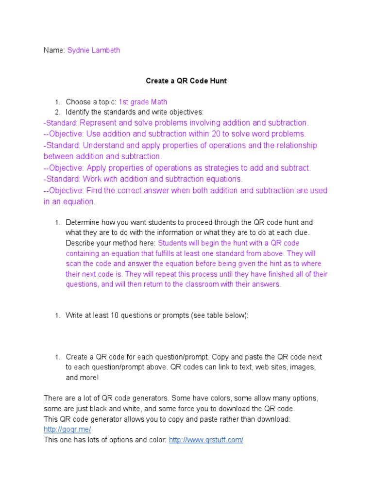 QR Code Math Hunt for 1st Graders | PDF | Career & Growth | Computers