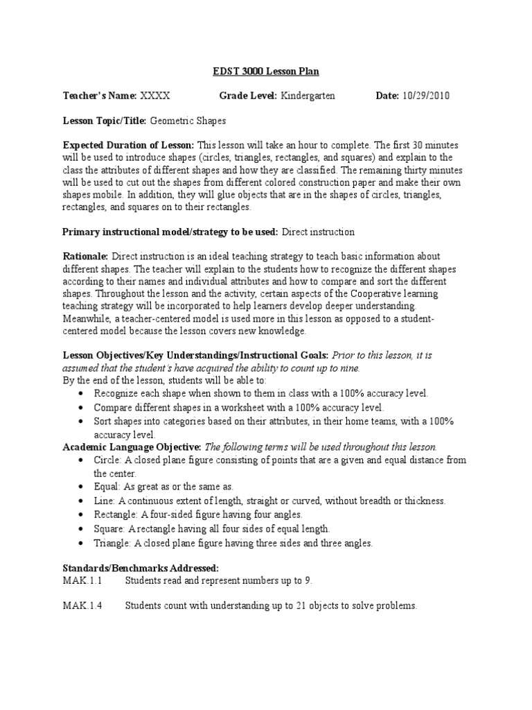 Lesson Plan Sample-Kindergarten | PDF | Shape | Classroom