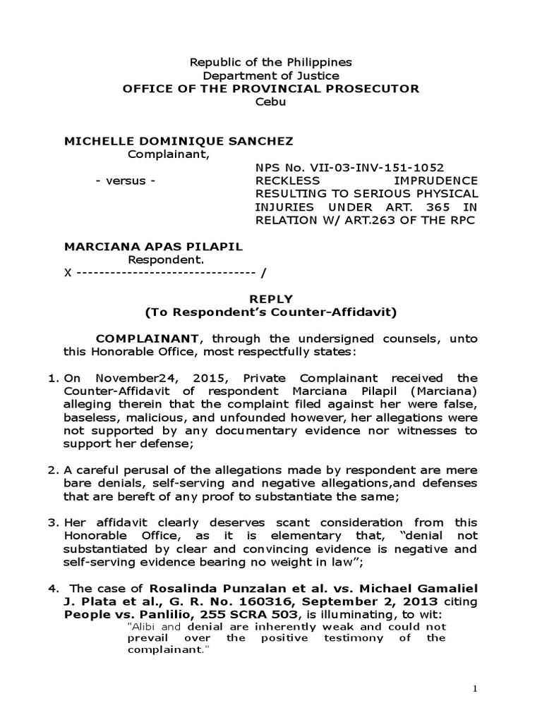 Reply Affidavit for Reckless Imprudence | Prosecutor | Crimes