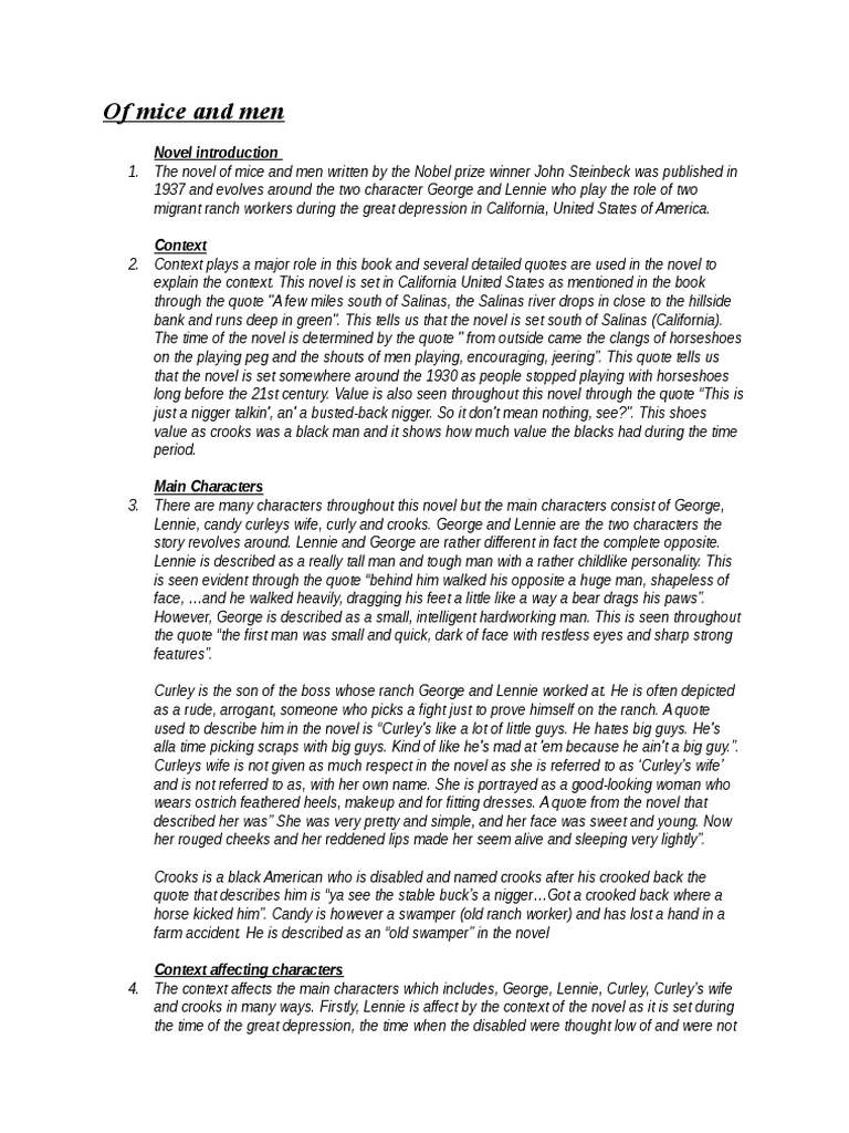 Of Mice and Men Prep Sheet | PDF