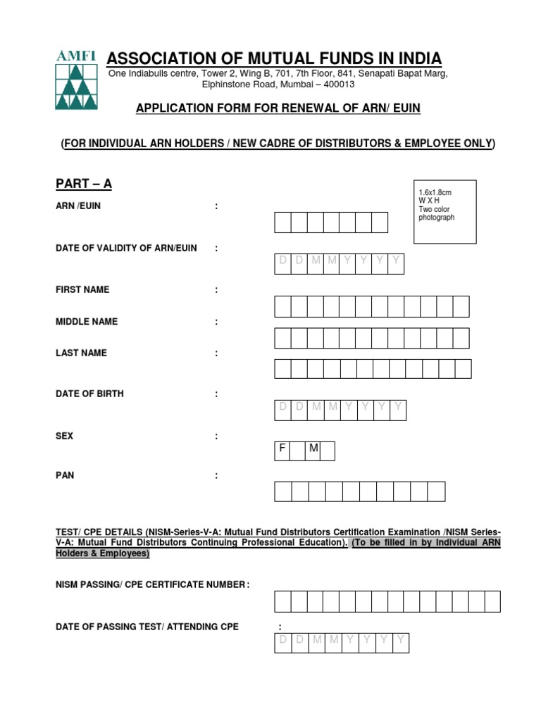 Association of Mutual Funds in India: Application Form For Renewal of ...
