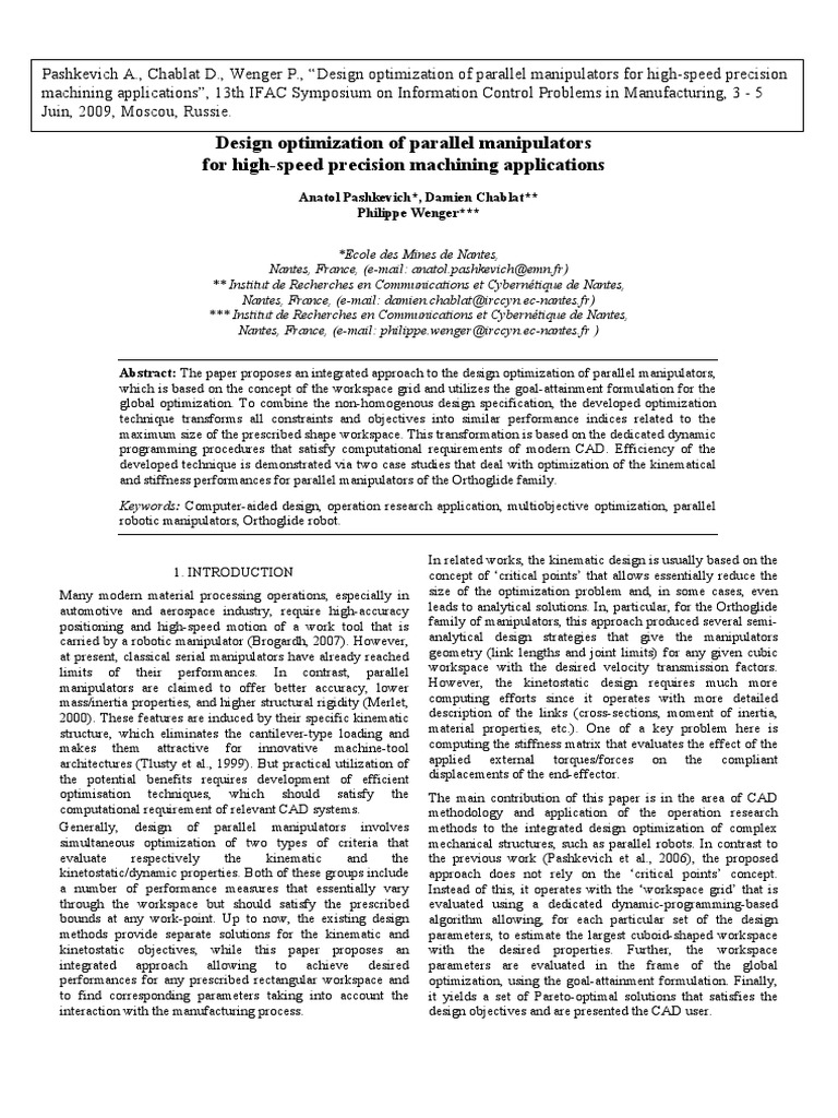 Design Optimization of Parallel Manipulators For High-Speed Precision ...