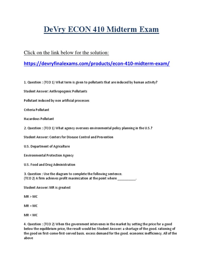 ECON 410 Midterm Exam | PDF | Economic Equilibrium | Externality