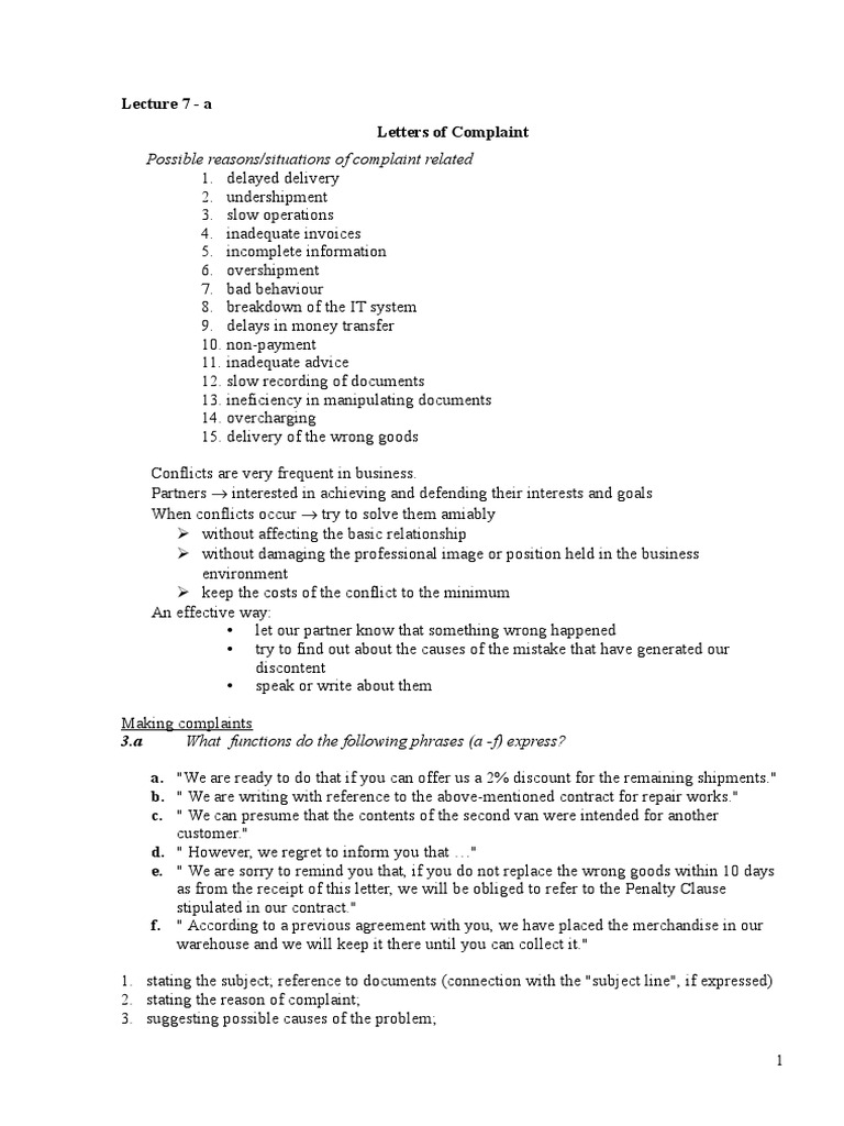 Lecture 7 Letters of Complaint Adjust Letters | PDF | Ellipsis | Business