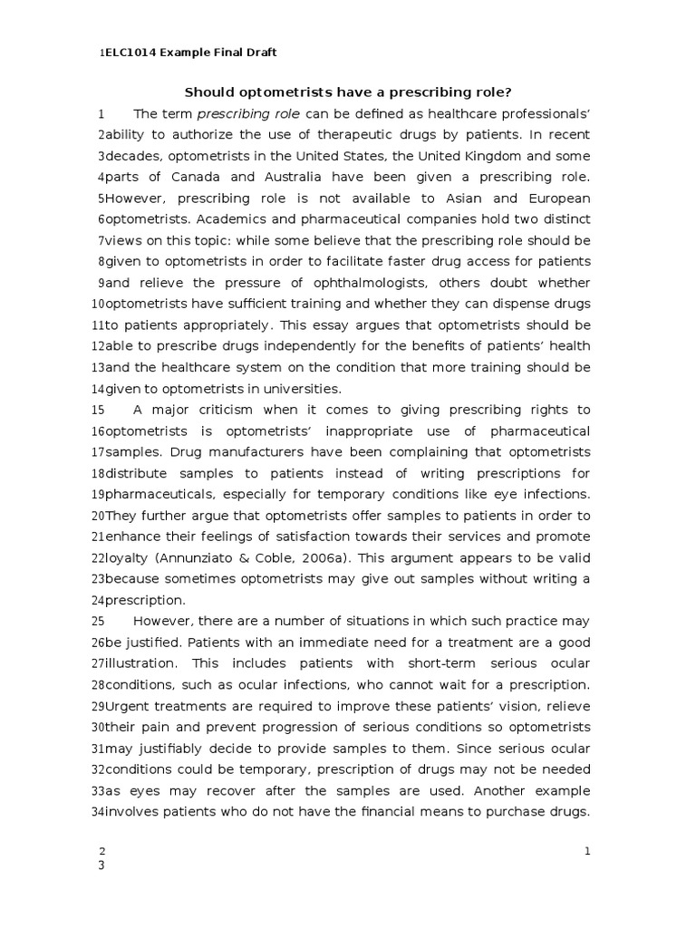 Should Optometrists Have A Prescribing Role?: ELC1014 Example Final ...