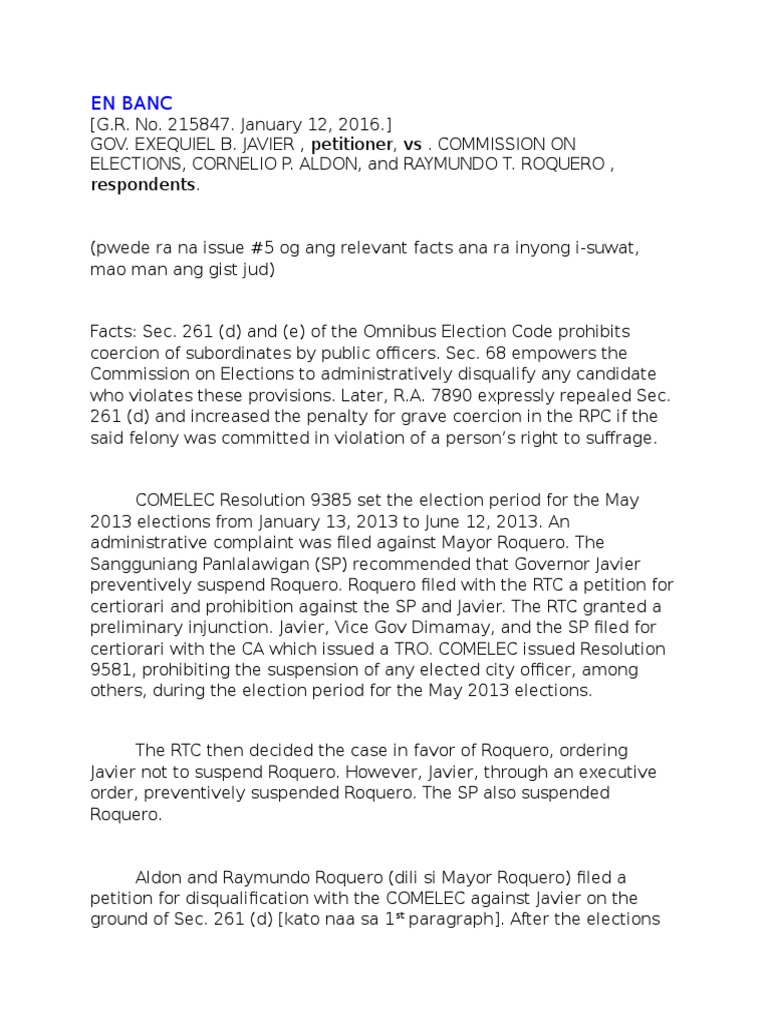 Javier Vs Comelec | PDF | Repeal | Due Process Clause