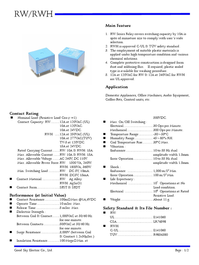 Specification Sheet for RW/RWH Series Relays: Technical Details ...