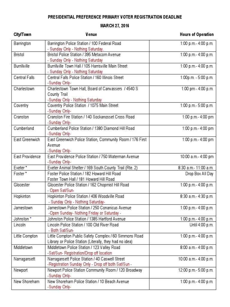 Rhode Island Registration Locations and Hours | PDF | Politics | Travel