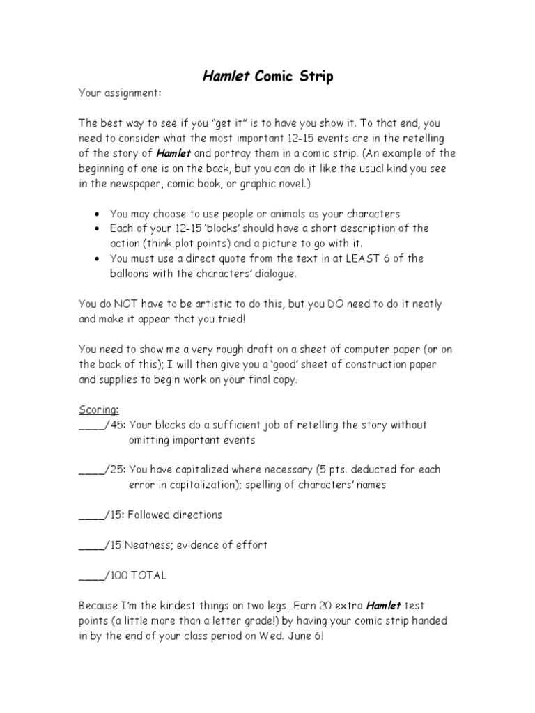 Hamlet Comic Strip Assignment Guide | PDF | Comic Strips | Writing
