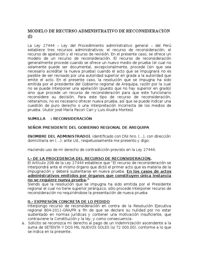 Modelo de Recurso Administrativo de Reconsideración | PDF | Estrés ... Modelo de Recurso Administrativo de Reconsideración | PDF | Estrés ...