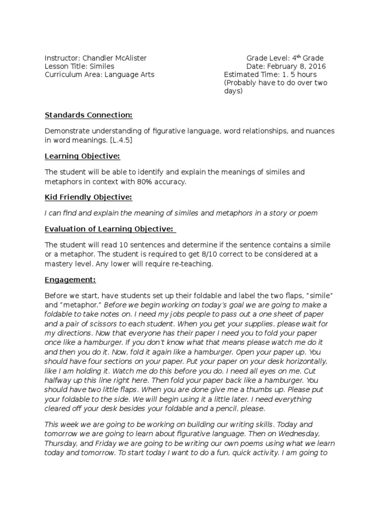 Similes and Metaphors Lesson Plan | PDF | Metaphor | Dictionary