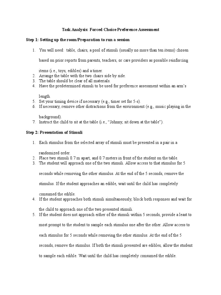 Forced Choice Preference Assessment Guide | PDF | Stimulus (Physiology ...