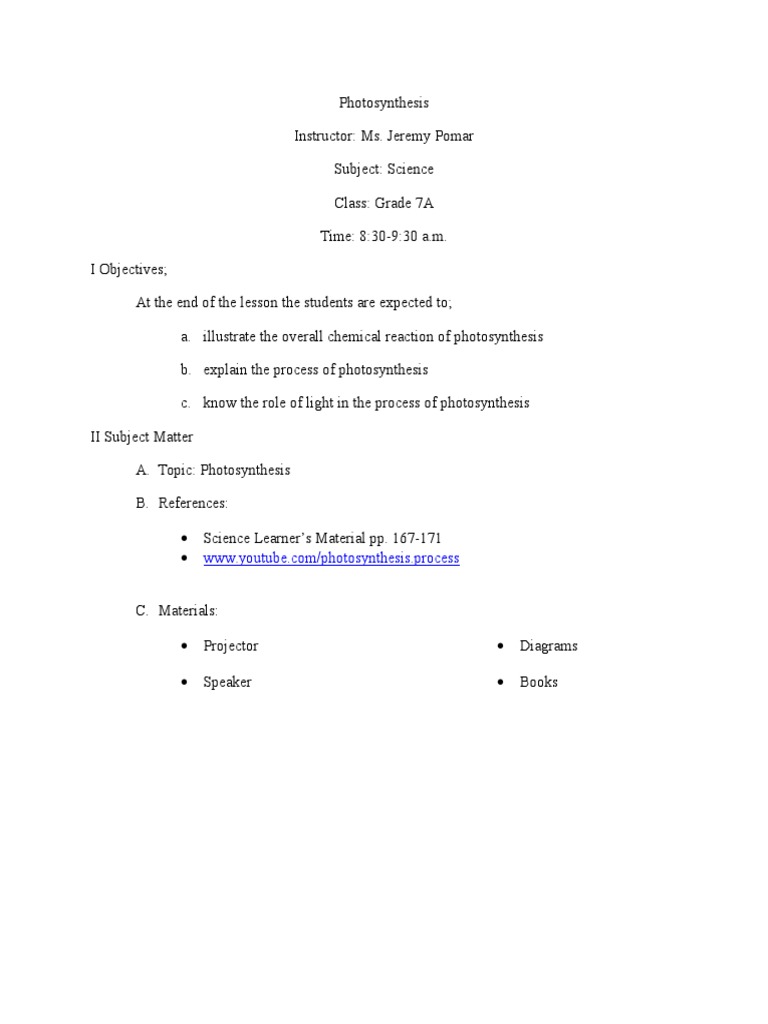 Detailed Lesson Plan in Grade 7 | PDF | Photosynthesis | Physical Sciences