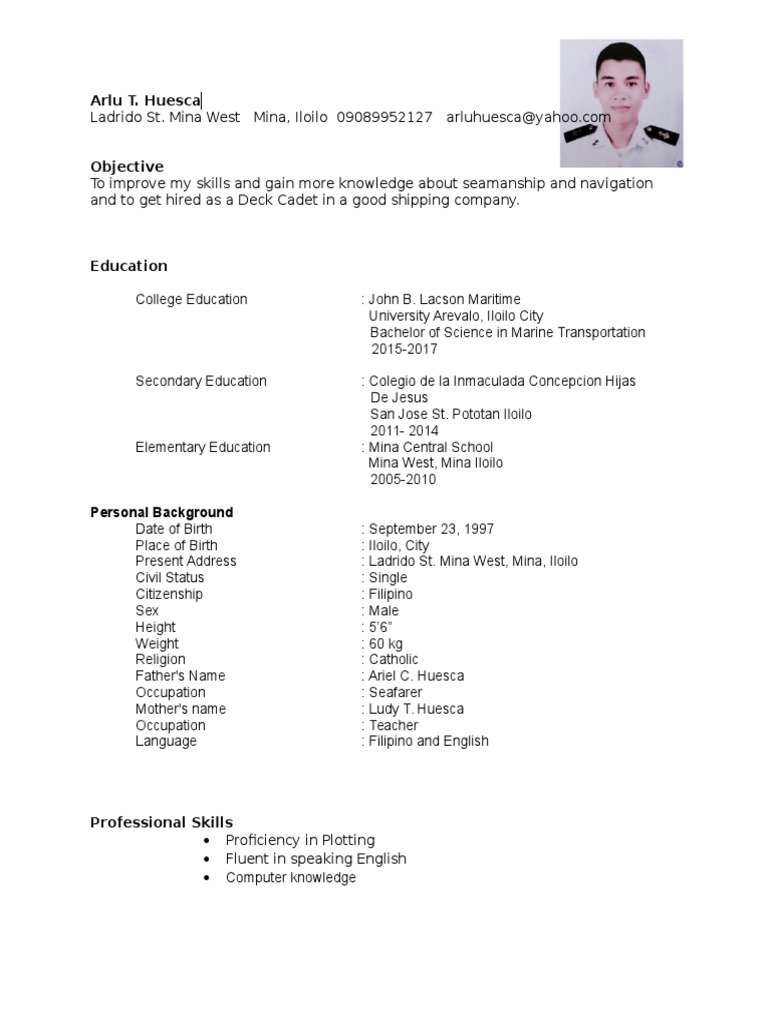 Deck Cadet Resume - Arlu T. Huesca | PDF