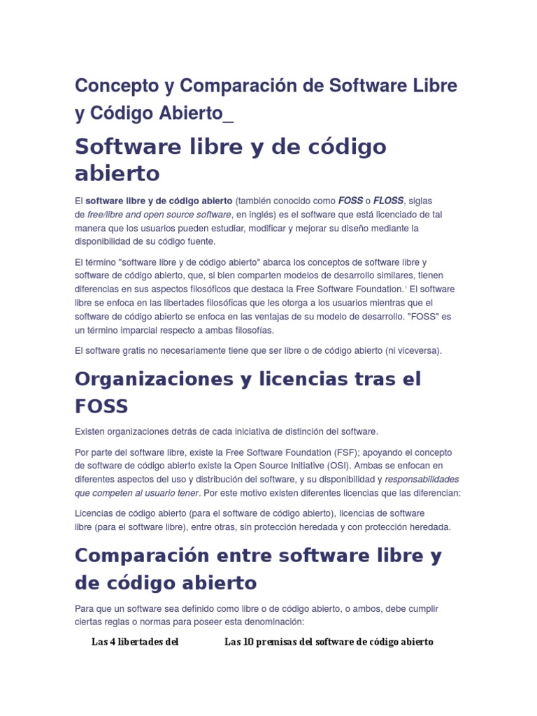 Concepto y Comparación de Software Libre y Código Abierto | PDF | Software libre | Contenido libre