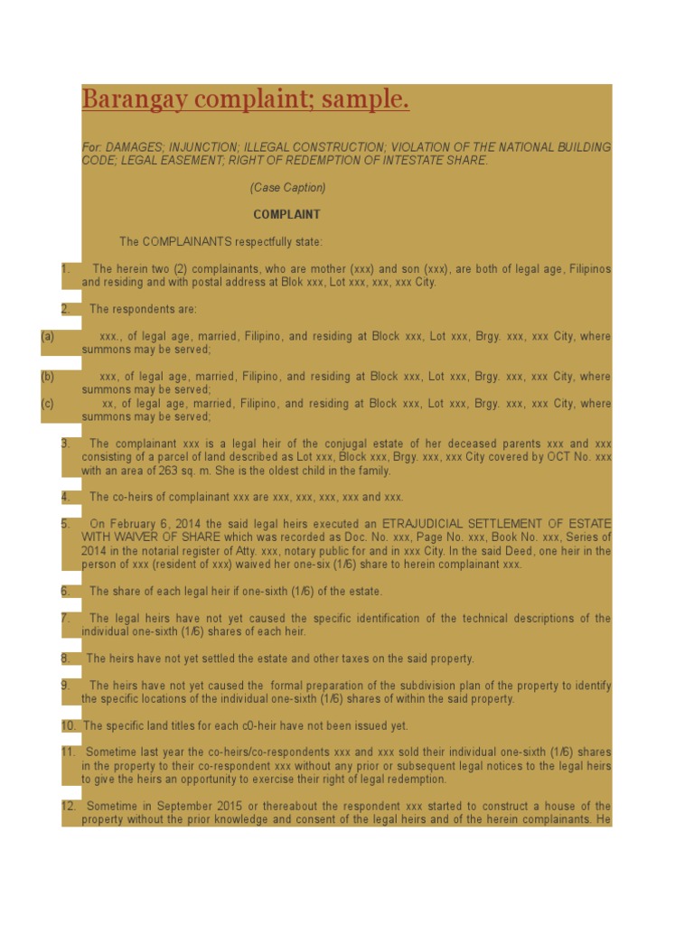 Barangay Complaint | Damages | Justice