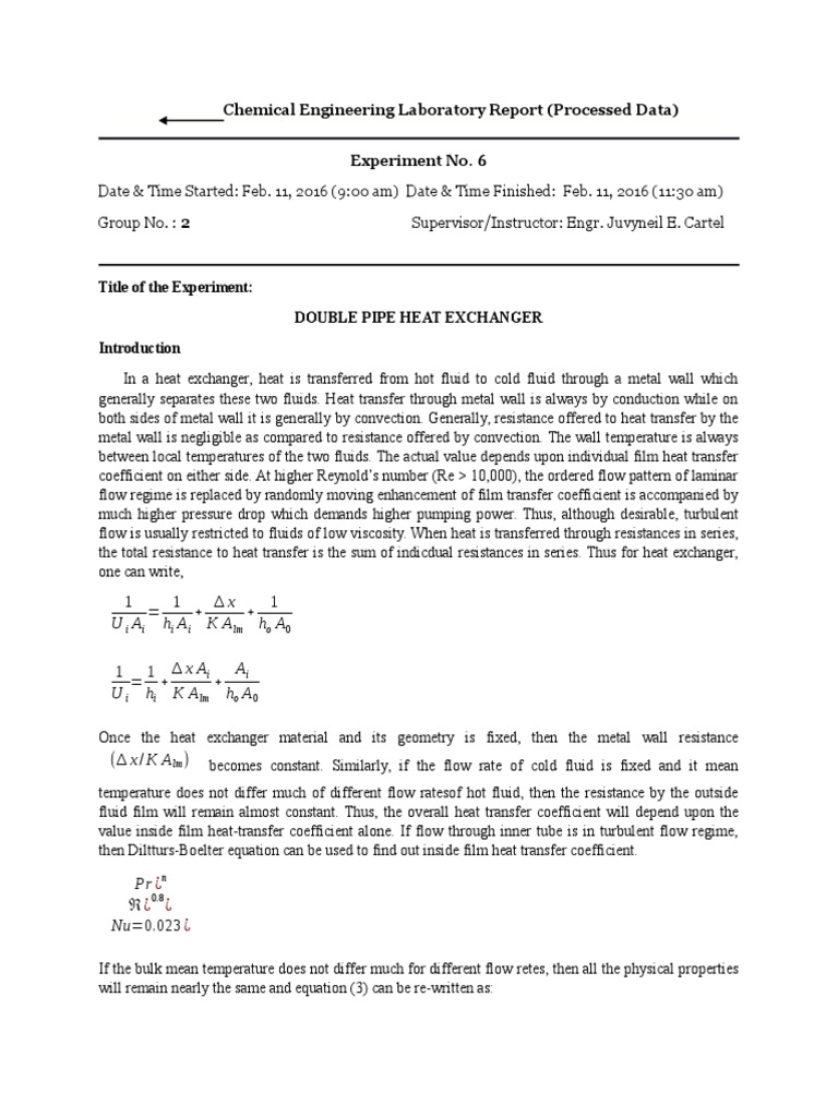 Exp. 9 Double Pipe Heat Exchanger Group 6 | PDF | Heat Transfer | Heat ...