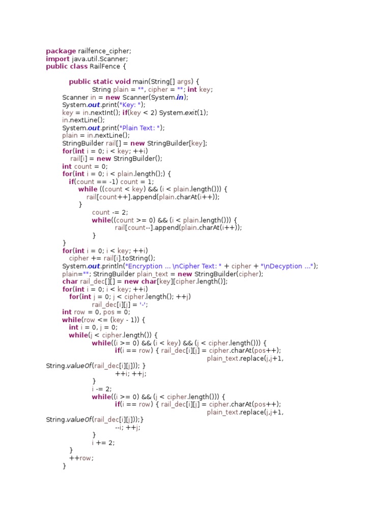 Java Rail Fence Cipher Implementation | PDF | Computers