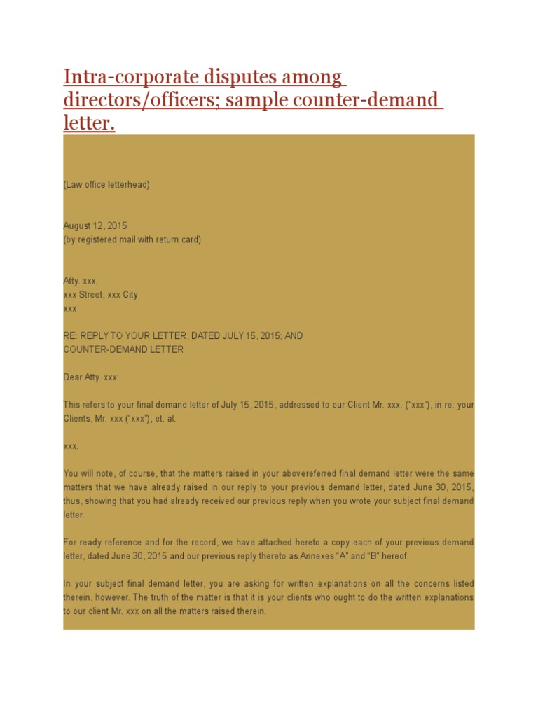 Intra-Corporate Disputes Among Directors/officers Sample Counter-Demand ...