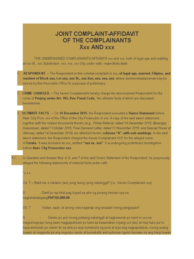 Joint Complaint-Affidavit Of The Complainants Xxx AND xxx