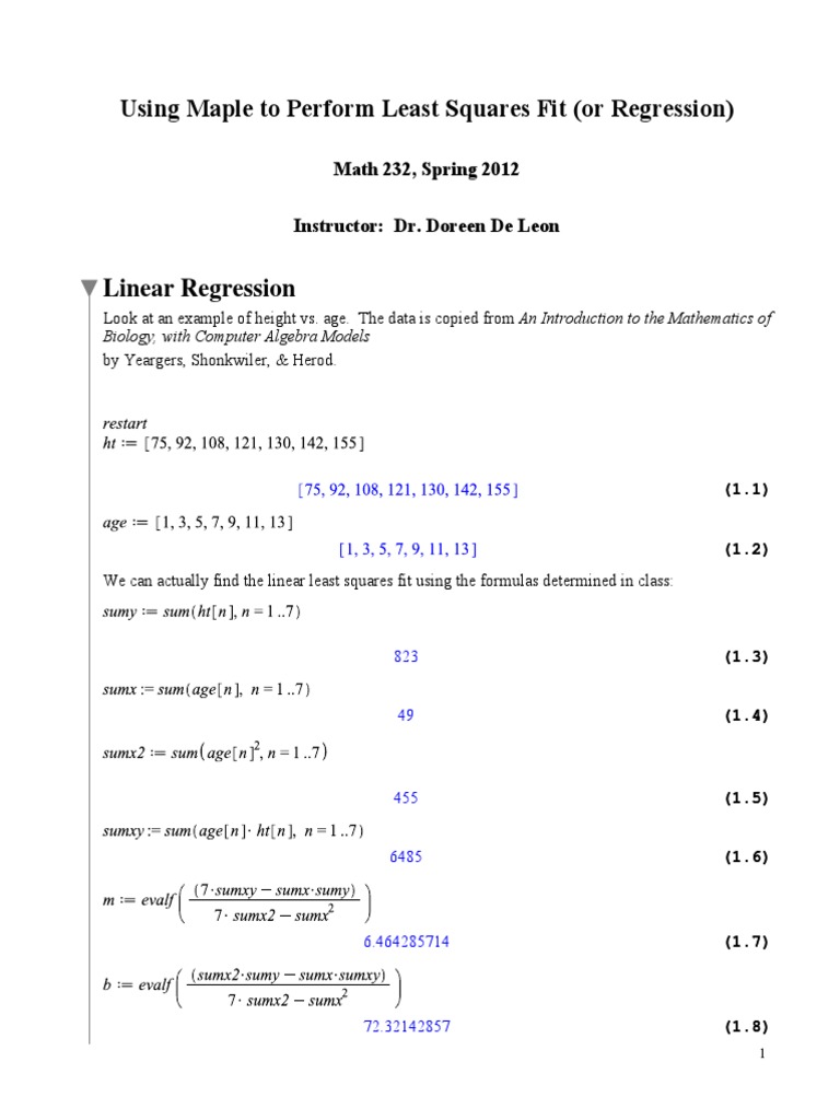 Using Maple To Perform Least Squares Fit (Or Regression) | PDF | Least ...