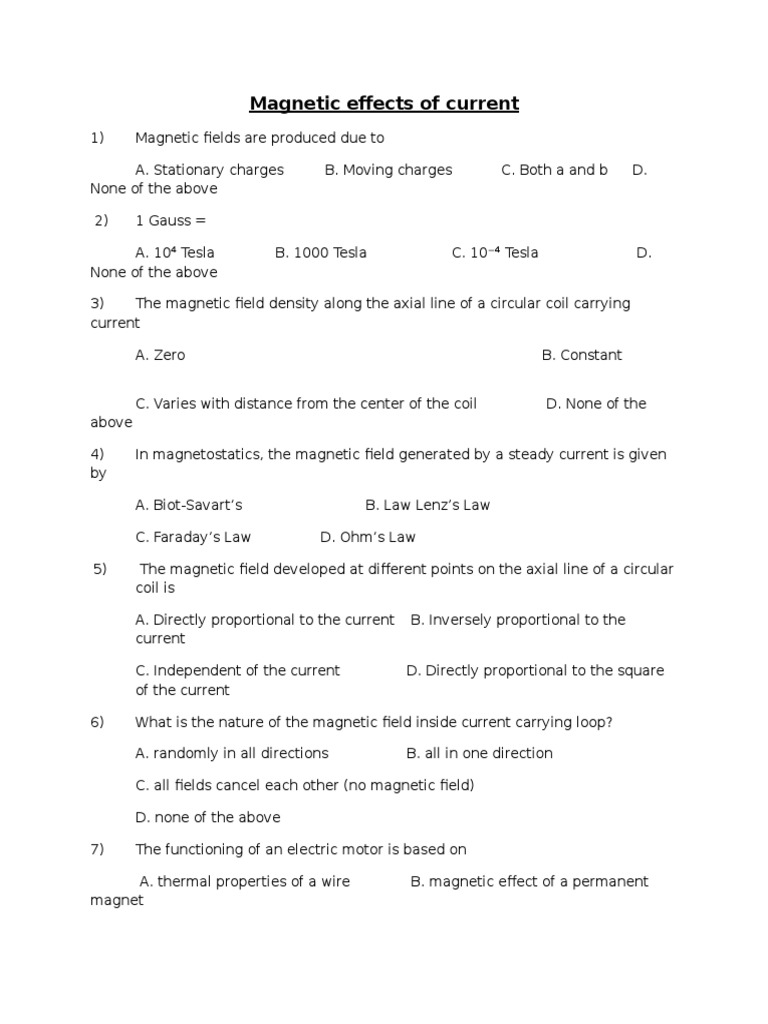 MCQ - Magnetic Effects of Current | PDF | Magnetic Field | Electric Current