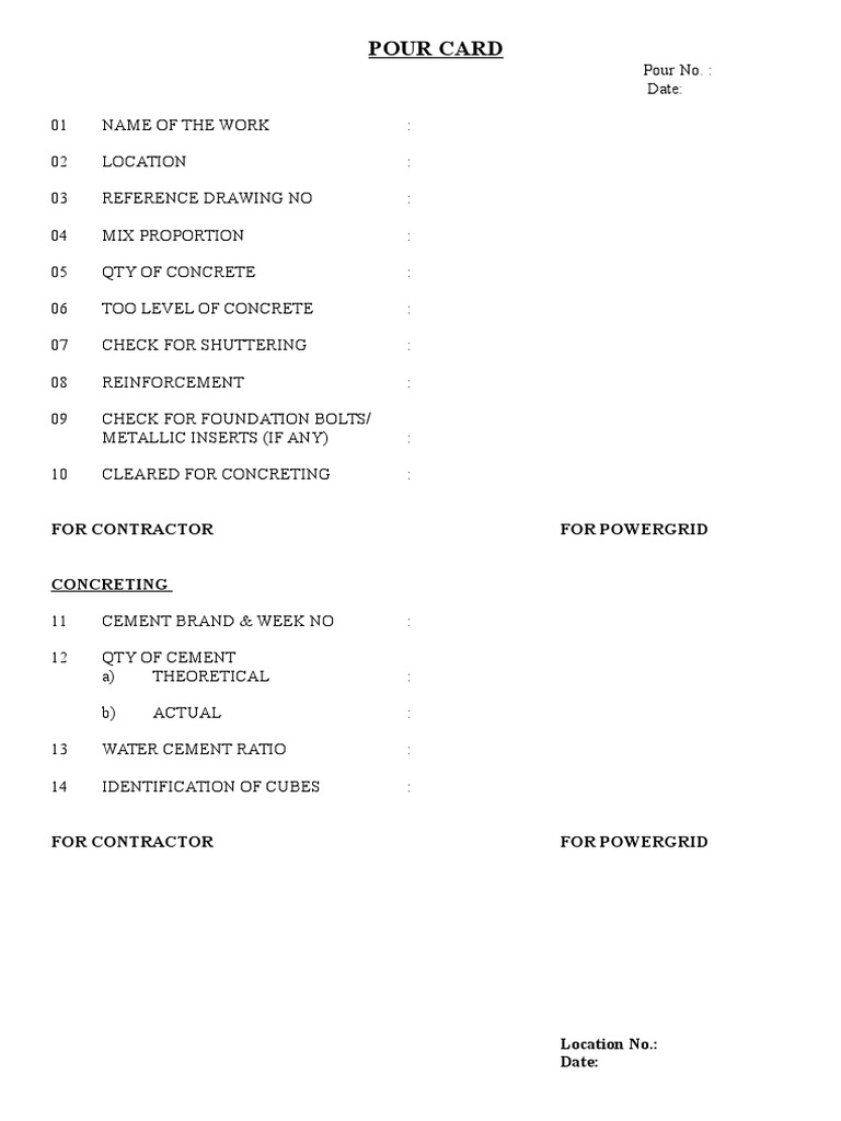 POUR CARD and Foundation Formats | PDF | Construction Aggregate | Concrete