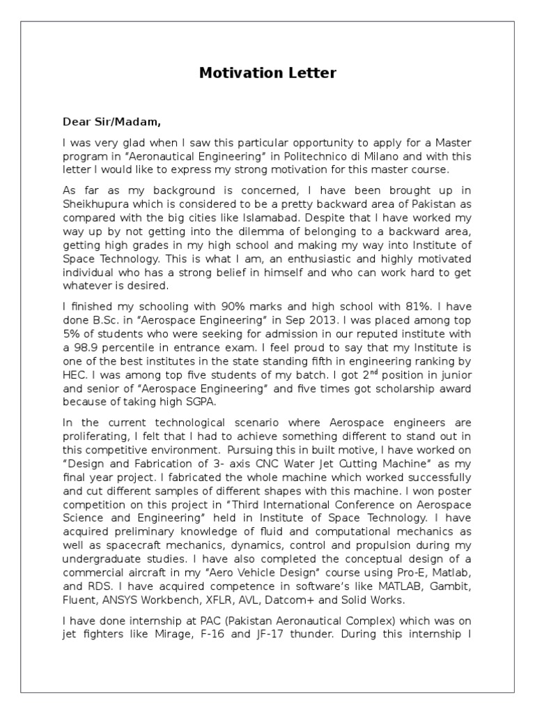 Motivation Letter | Aerospace Engineering | Computational Fluid Dynamics