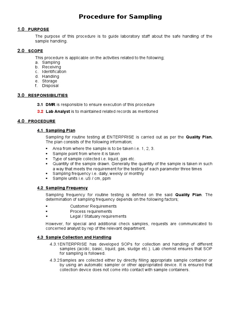 Procedure For Sampling | PDF | Laboratories | Sampling (Signal Processing)