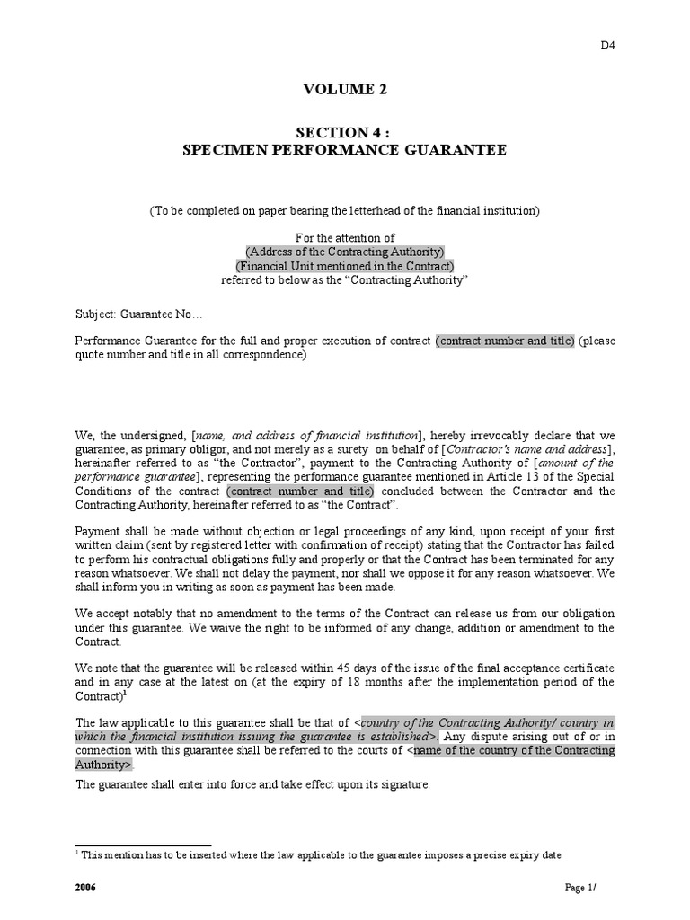 Section 4: Specimen Performance Guarantee | PDF | Guarantee | Contract Law