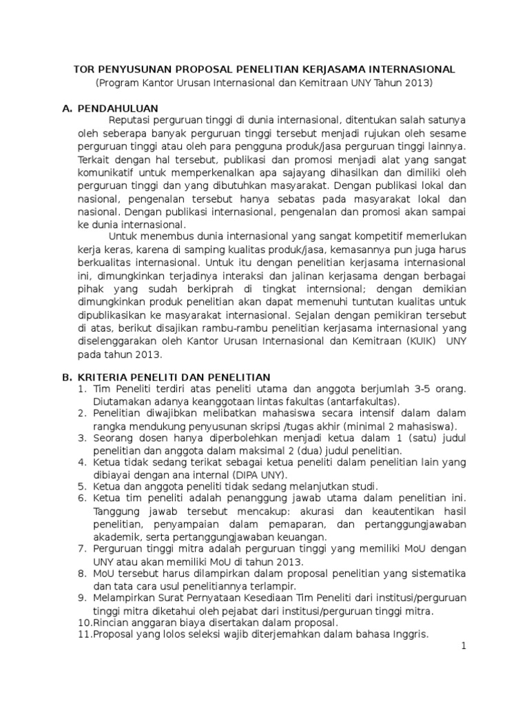Tor Penyusunan Proposal Penelitian Kerjasama Internasional 2016 | PDF