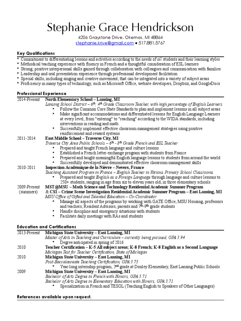 Stephanie Hendrickson's Teaching Profile | PDF | English As A Second Or ...