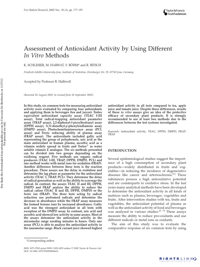 Assessment of Antioxidant Activity by Using Different in Vitro Methods ...
