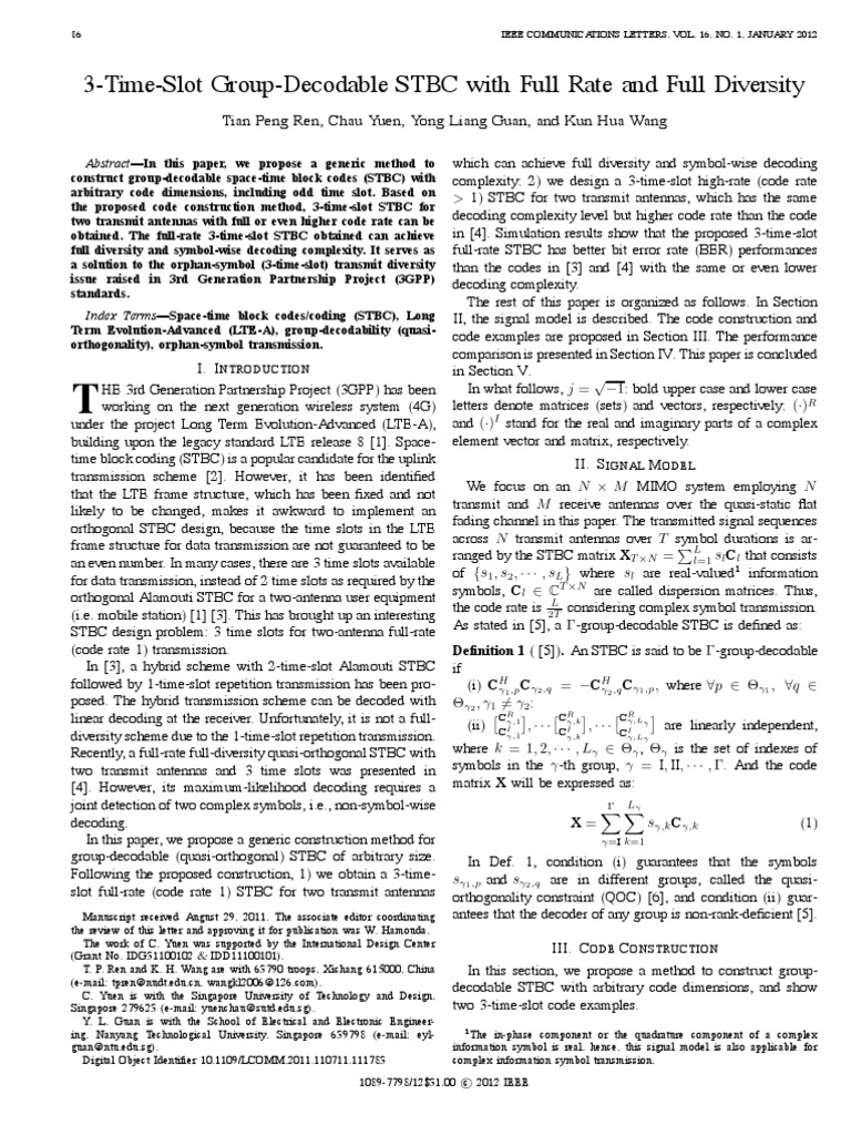 2012 3-Time-Slot Group-Decodable STBC With Full Rate and Full Diversity ...