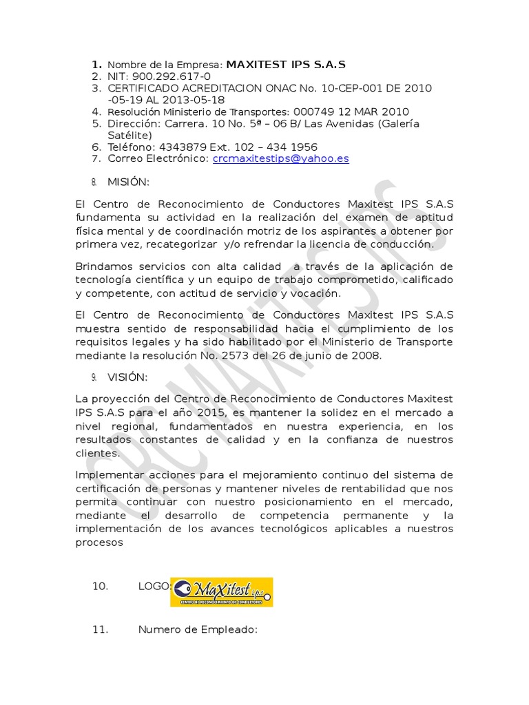 Salud Ocupacional Maxitest Ips Sas | PDF | Planificación | Calidad ...