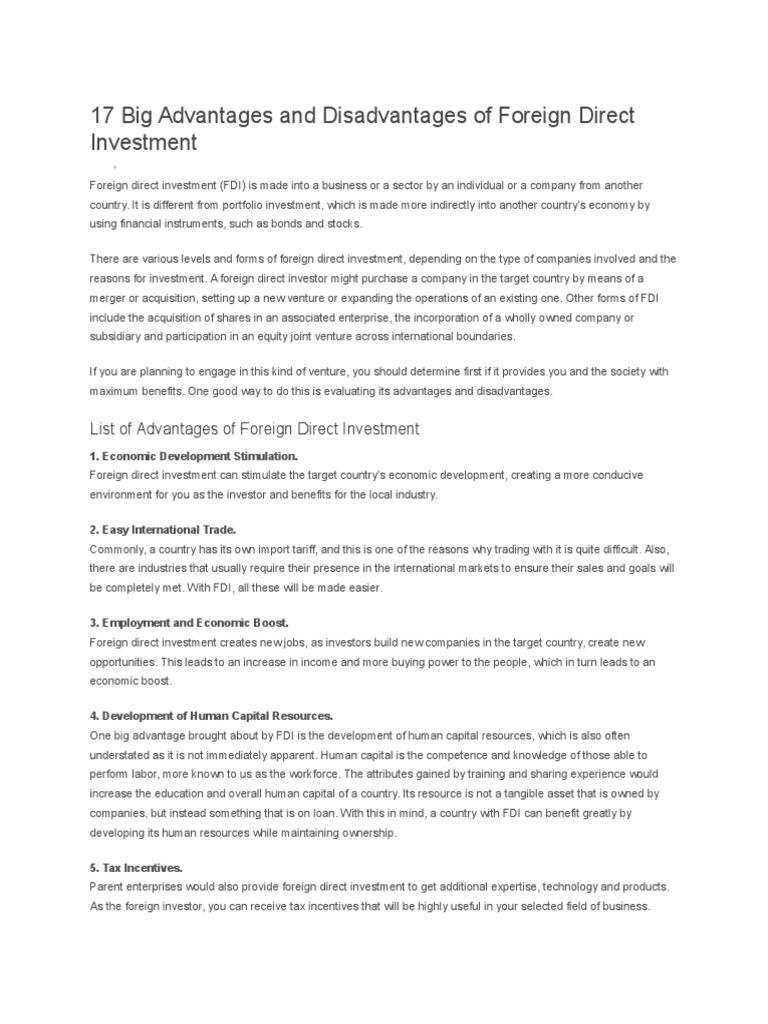 17 Big Advantages and Disadvantages of Foreign Direct Investment | PDF ...